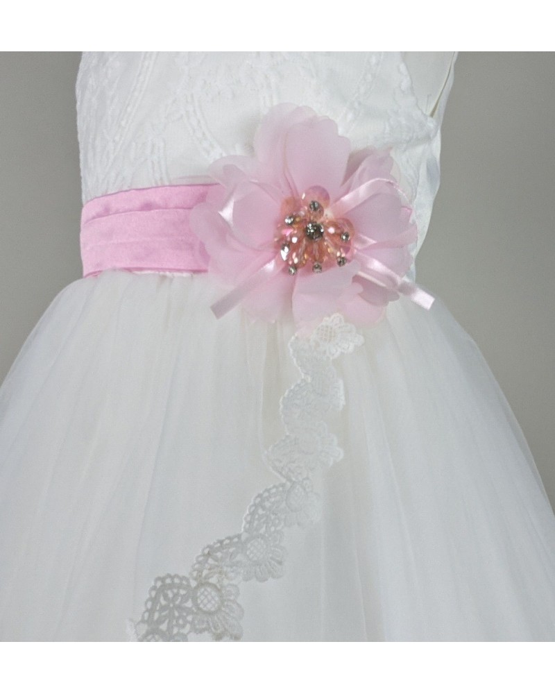 Robe Printemps/Été Fille - Écru & Ceinture Rose Dragée